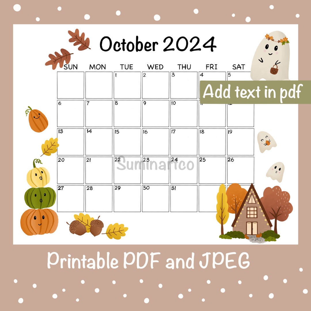 Printable Calendar October 2024, Monthly Cute Ghost Pumpkin Fall Autumn ...