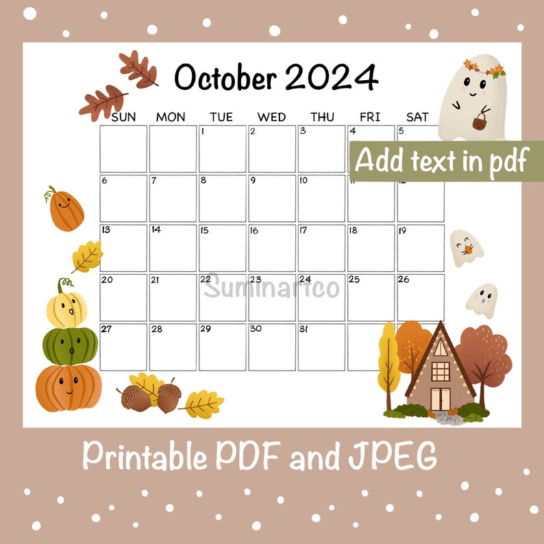Printable Calendar October 2024, Monthly Cute Ghost Pumpkin Fall Autumn ...