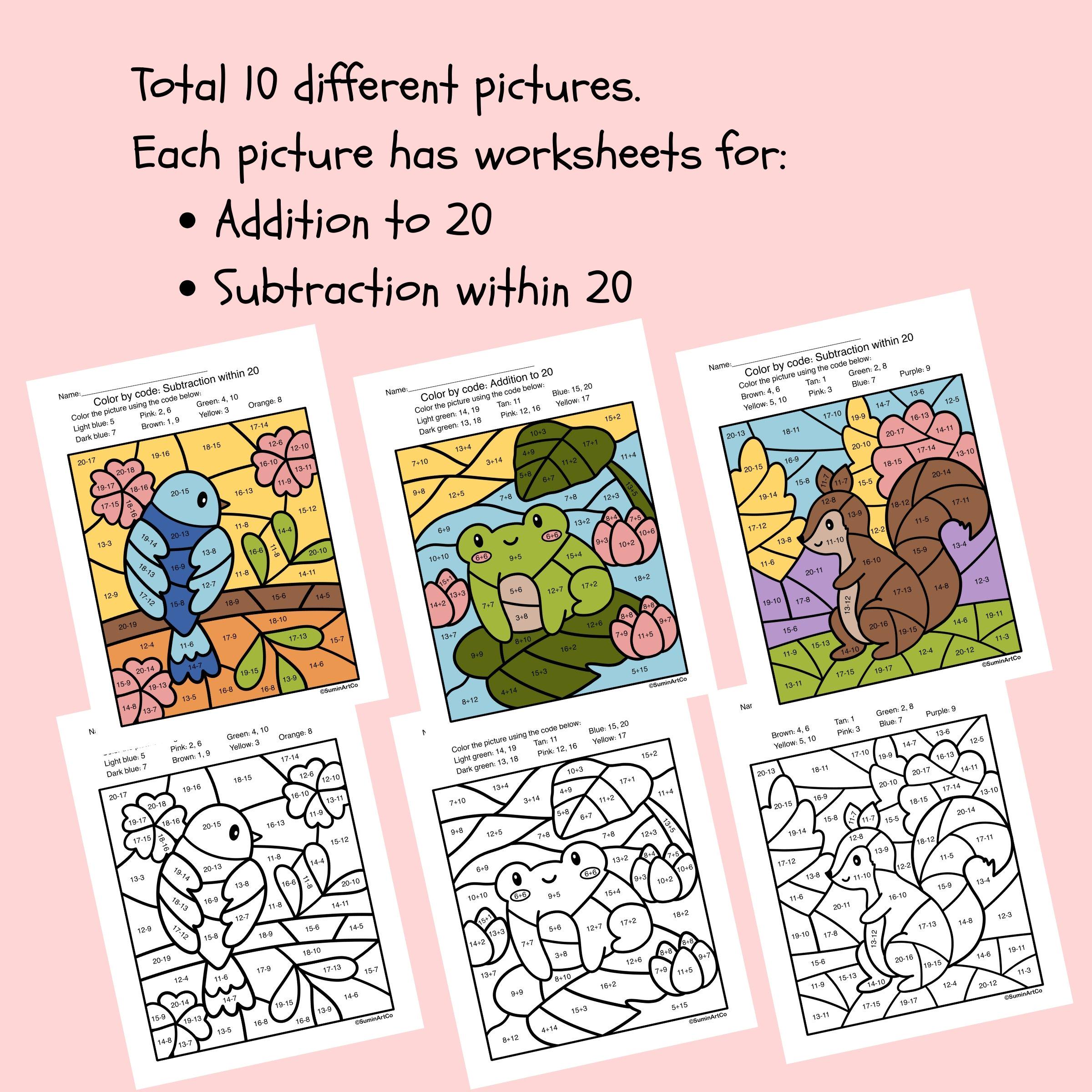Color by Code Math, Addition & Subtraction Worksheets Practice, Animal ...