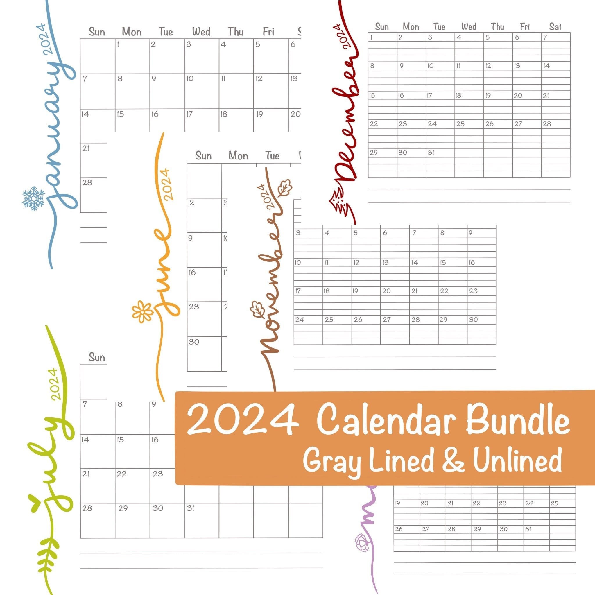 Calendar Planner Printable 2024 Bundle, Monthly Minimalist Calendar Pdf ...