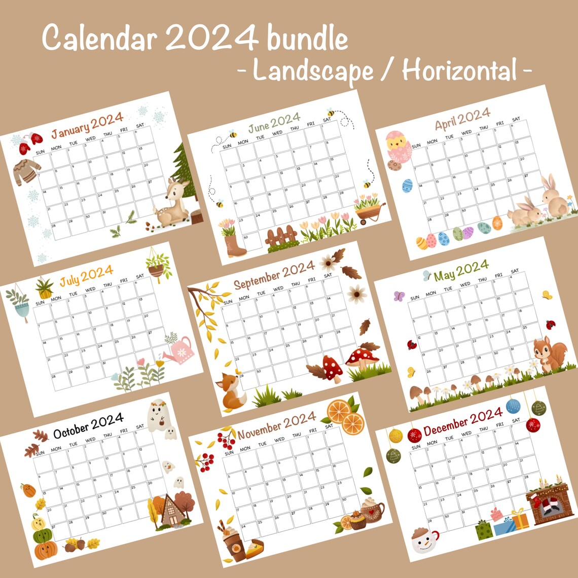 Printable Calendar 2024, Monthly Cute Animal Home School Kids Calendar ...