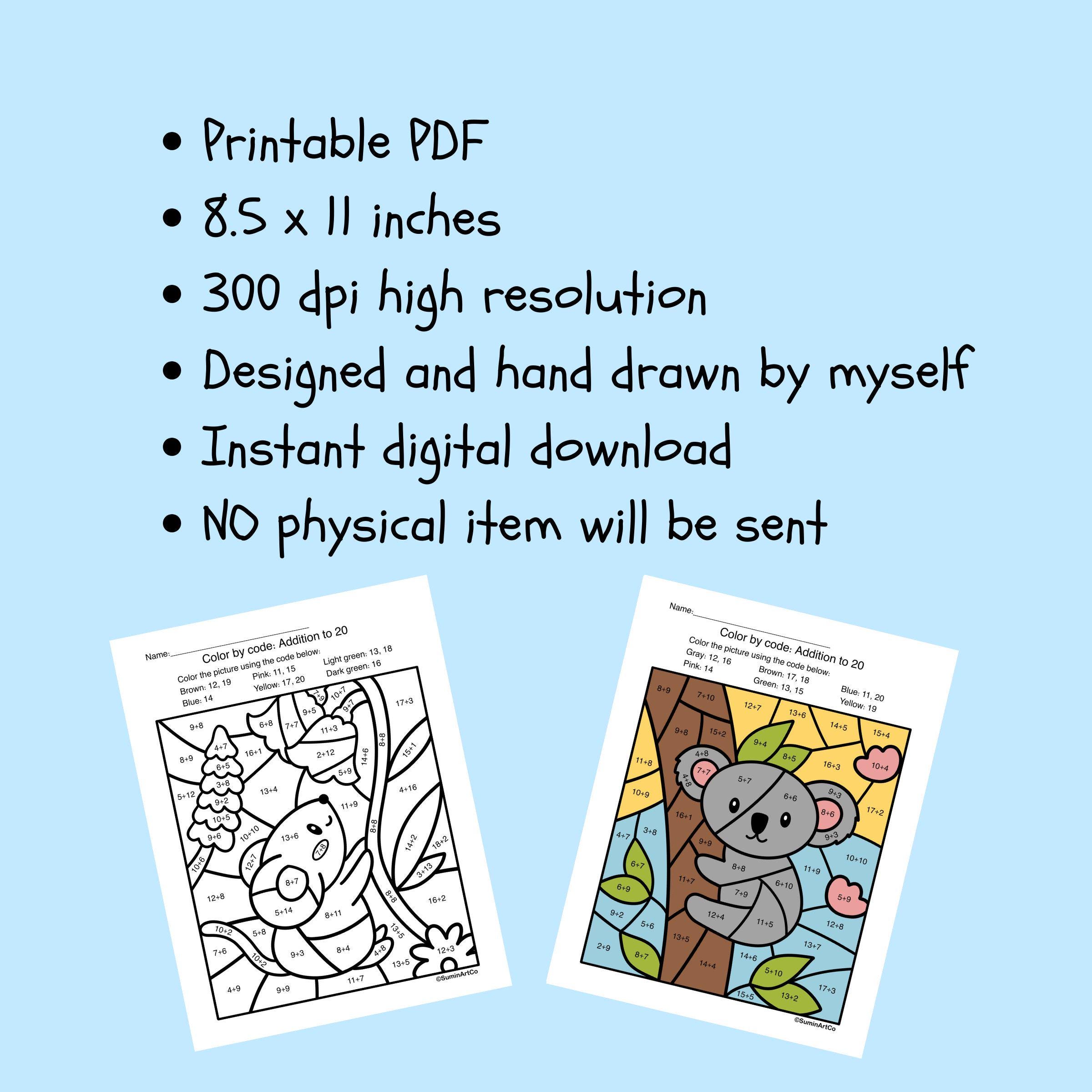 Color by Code Math, Addition & Subtraction Worksheets Practice, Animal ...