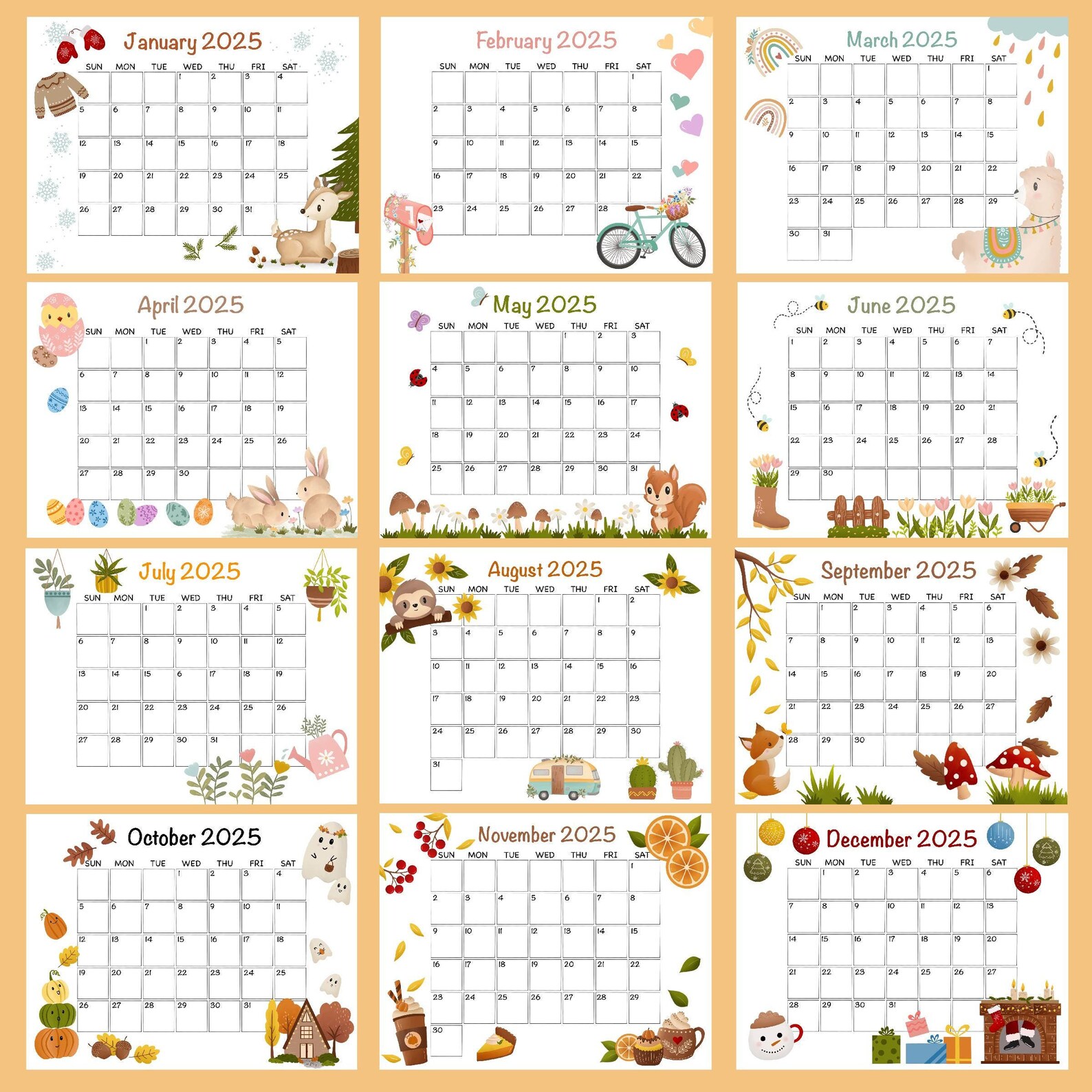 Printable Calendar 2025 Pdf, Monthly Cute Animal Home School Kids ...