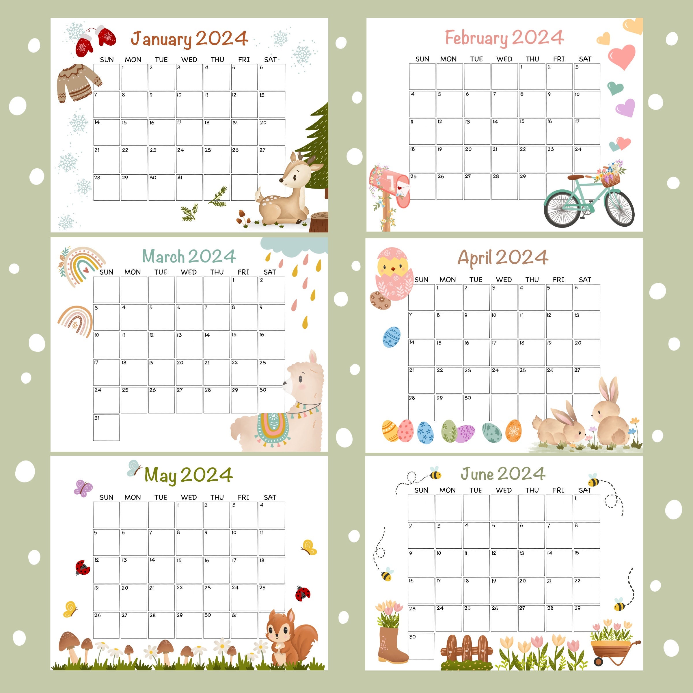 Printable Calendar 2024, Monthly Cute Animal Home School Kids Calendar ...