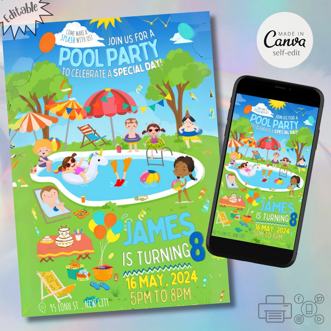 Kids Pool Birthday Party Invitation, Editable Summer Splash Theme ...