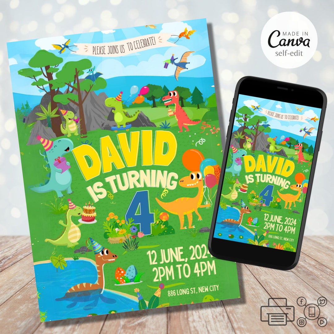 Invitación de cumpleaños de dinosaurios editable, fiesta temática de ...