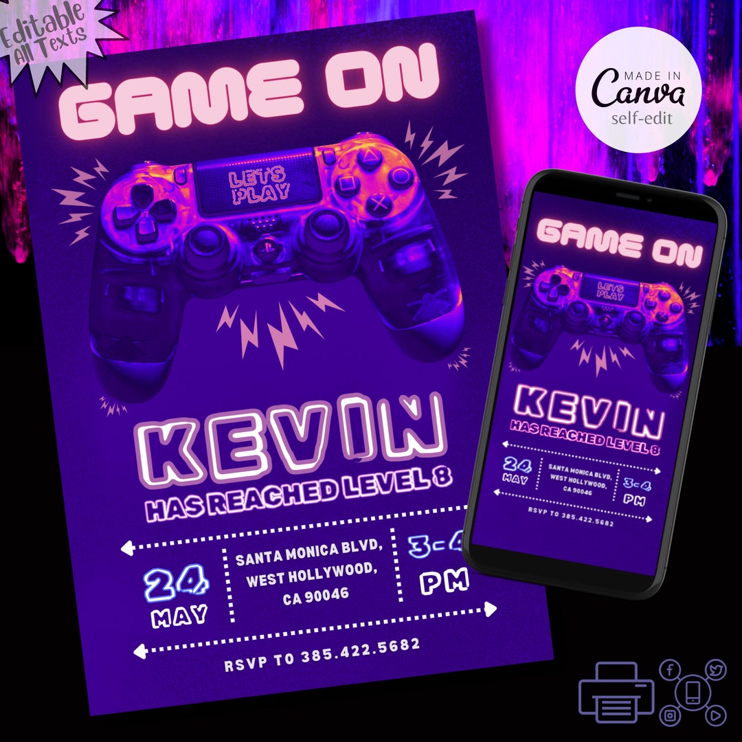 Lets Play Game on Level up Birthday Party Invitation, Purple Neon Glow ...