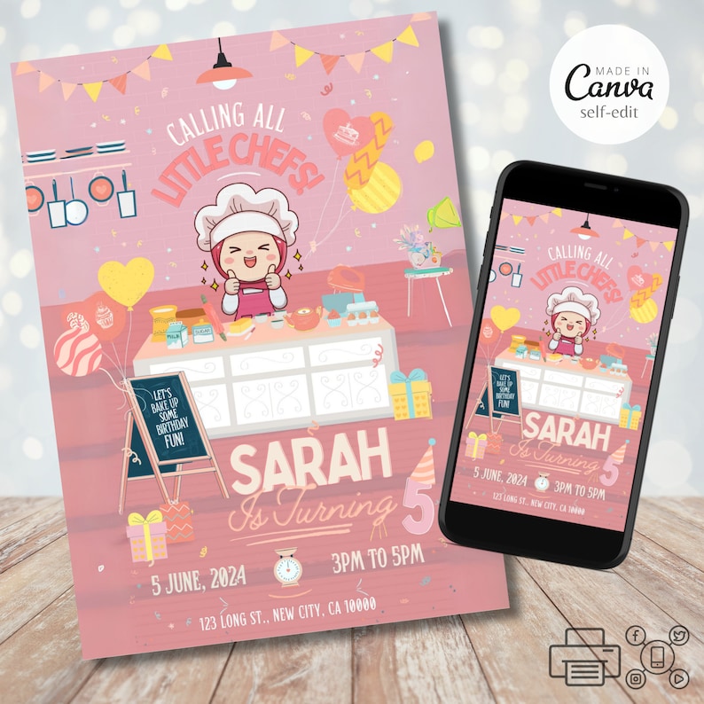 Girl Cooking Birthday Party Invitation, Kids Pink Baking Party Invite ...