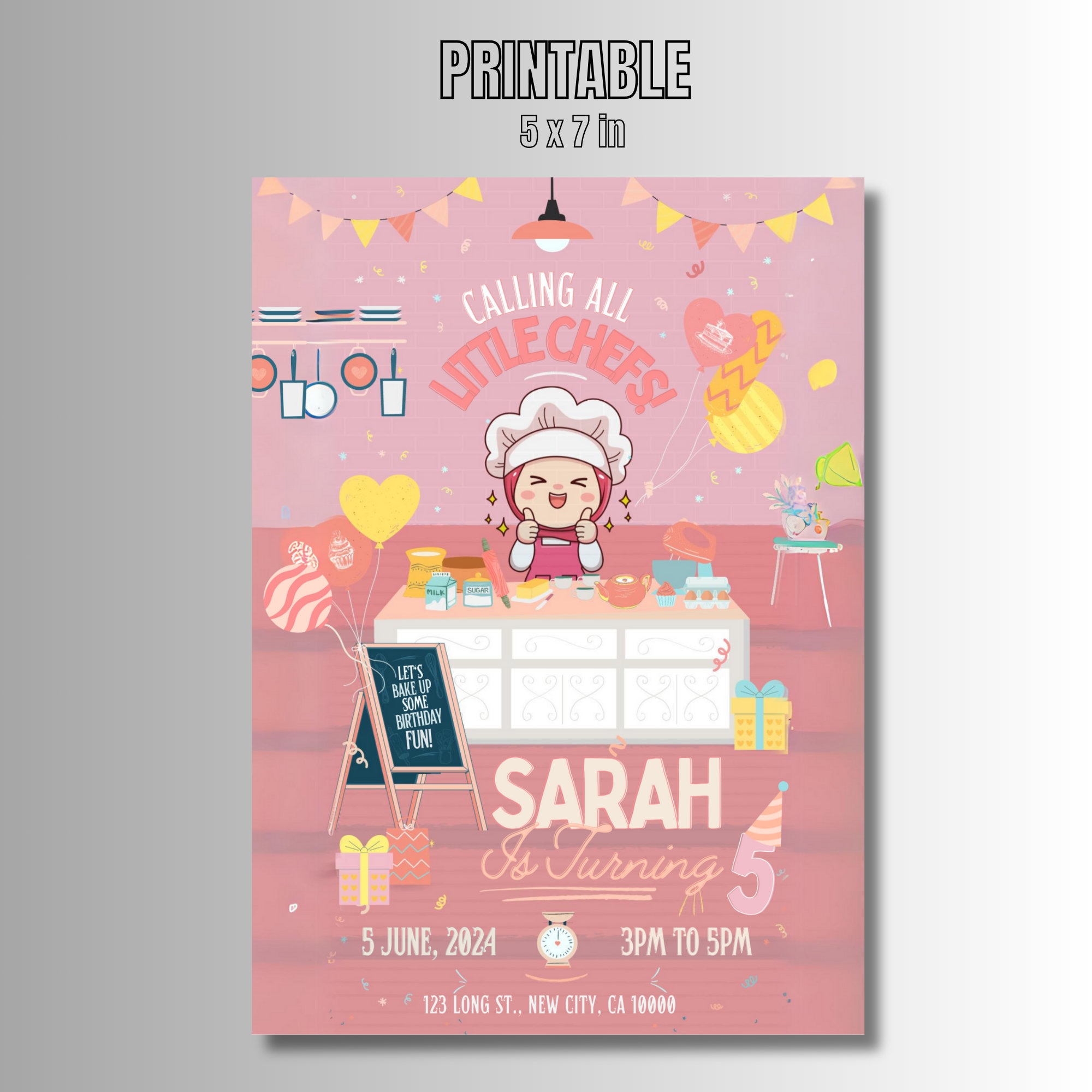 Girl Cooking Birthday Party Invitation, Kids Pink Baking Party Invite ...