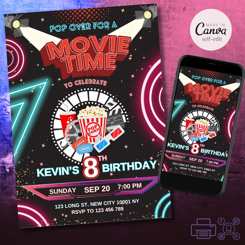 Editable Movie Time Birthday Invitation: Cinema Party (CANVA Template ...