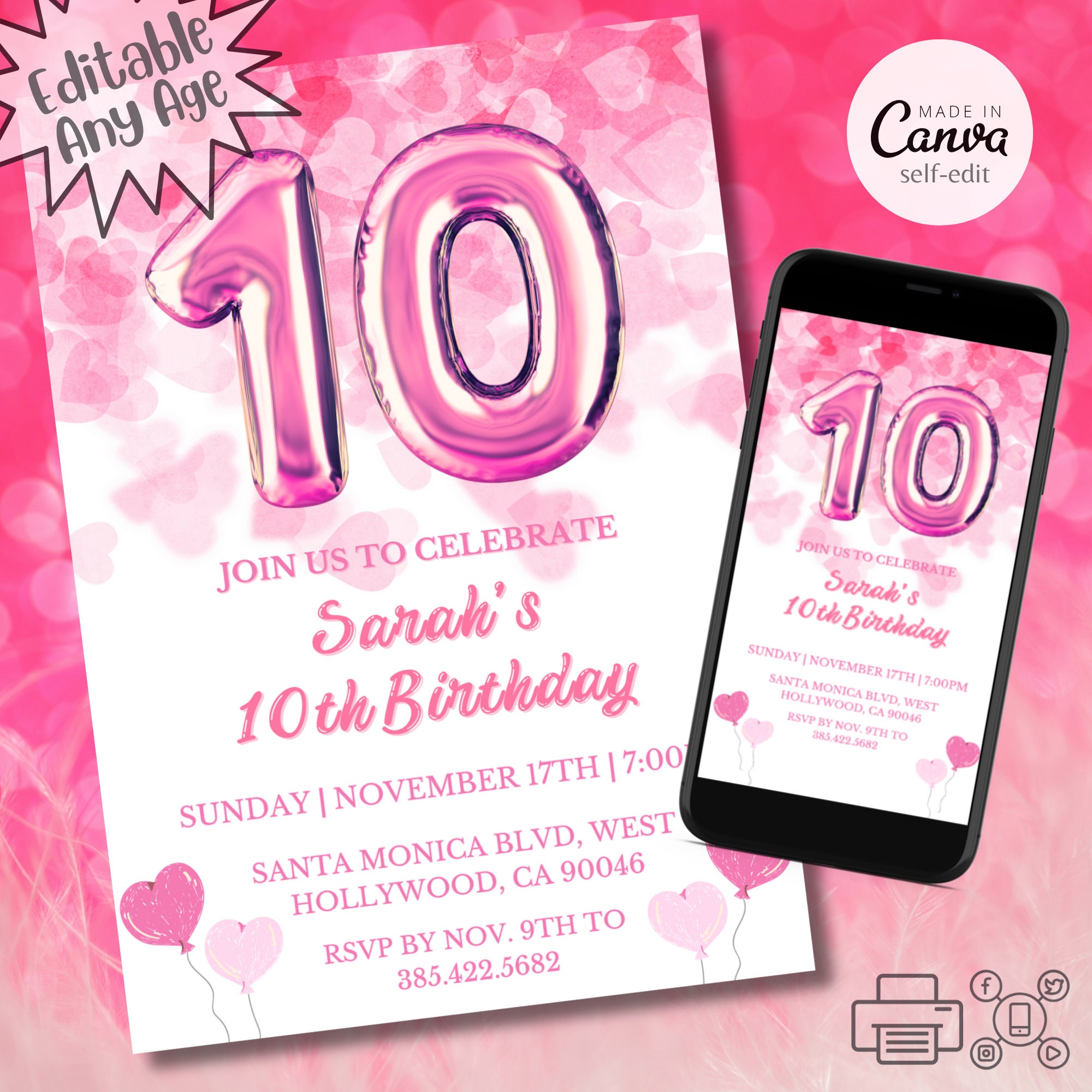 EDITABLE Any Age - 10th Birthday Invite With Pink Hearts, Ten Birthday ...