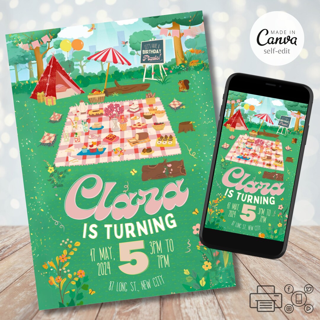 Picnic Birthday Invitation Editable, Kids Picnic Party in the Park ...