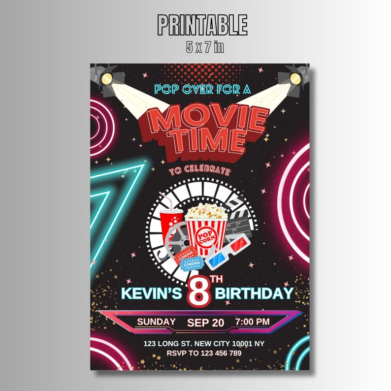 Editable Movie Time Birthday Invitation: Cinema Party (CANVA Template ...