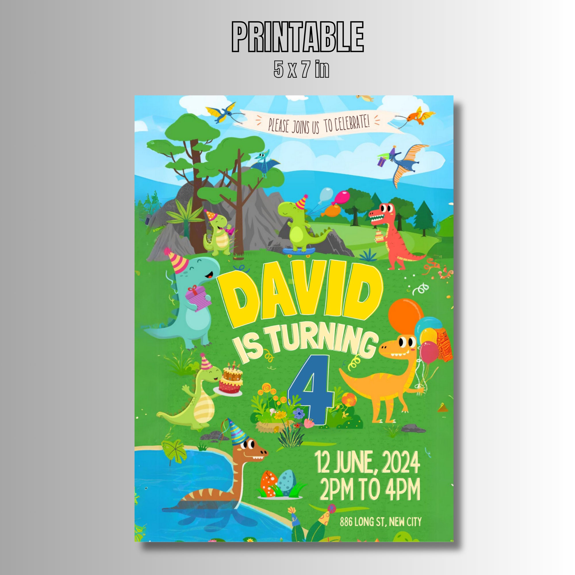 Editable Dinosaurs Birthday Invitation: Canva Template (digital ...