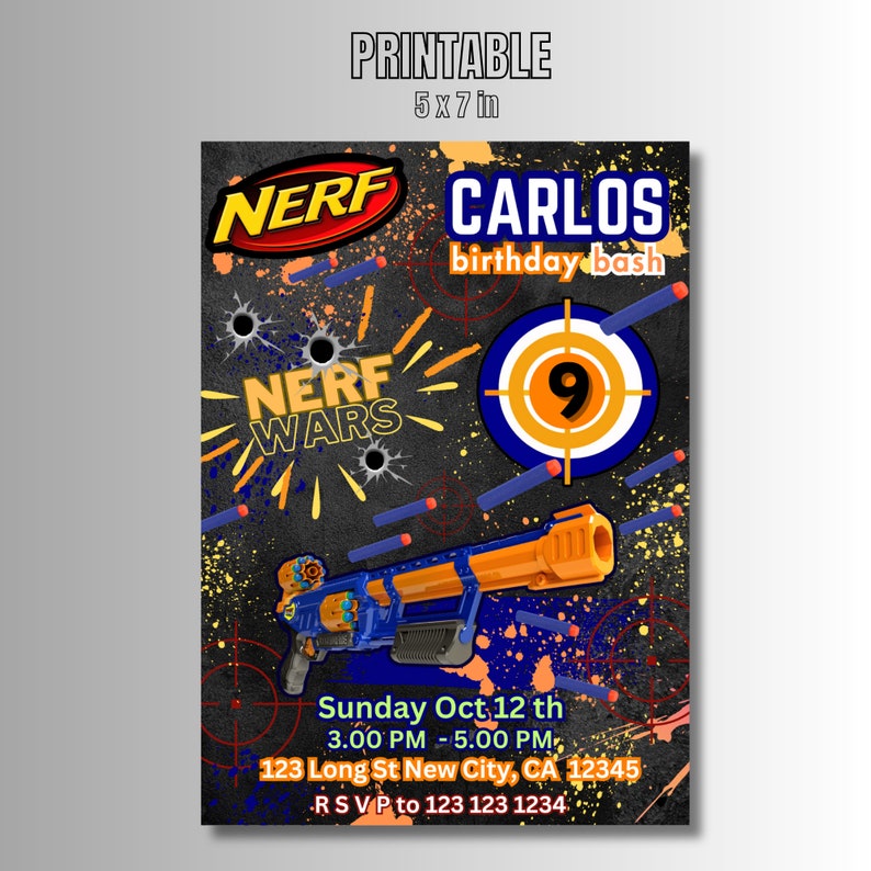 Nerf Party Invitation, Dart Gun Birthday Invite, Nerf Wars Gun ...