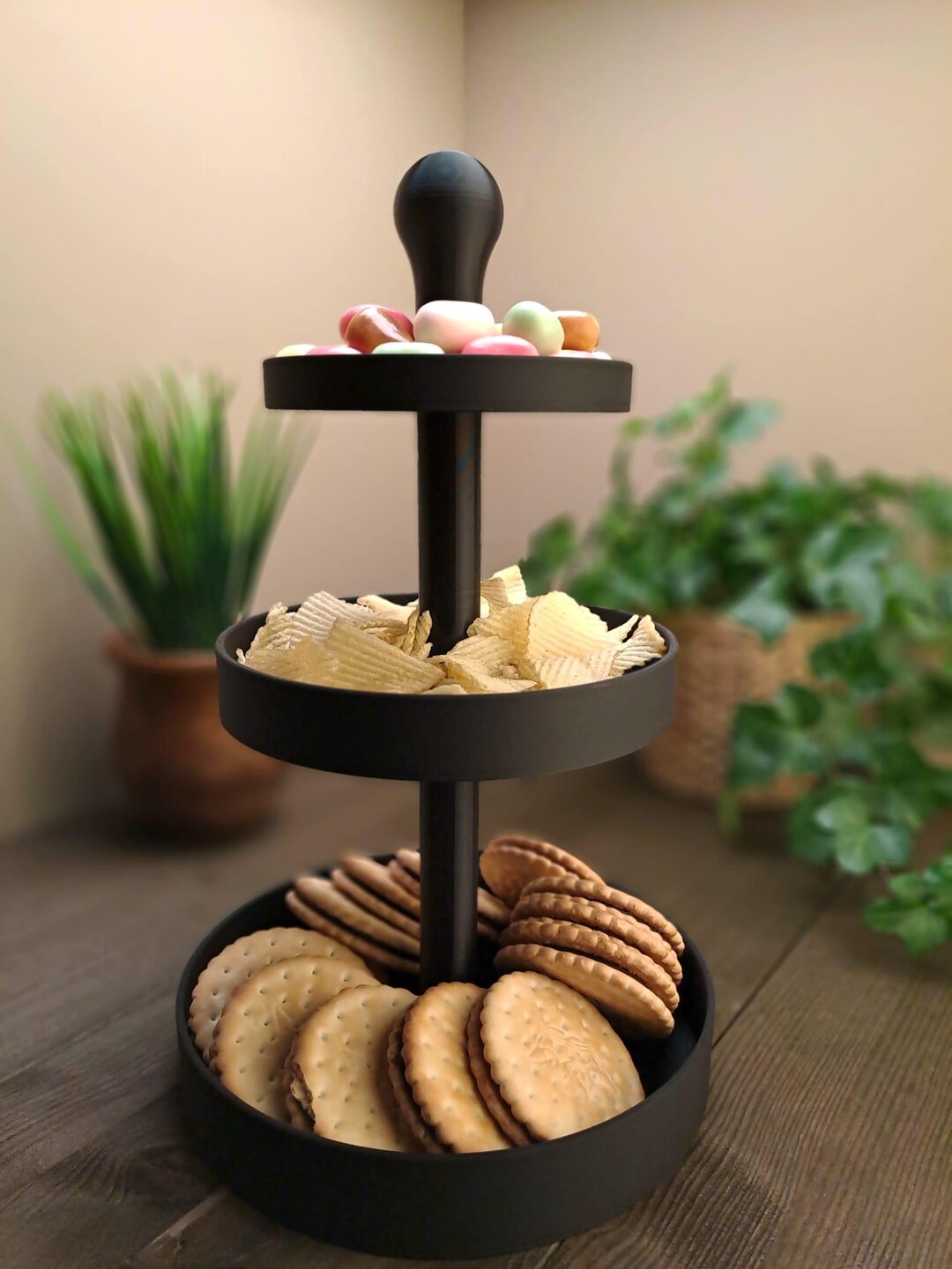 3 Tier Round Display Cake Stand - Black - Snack - Lunch Serving Tray ...