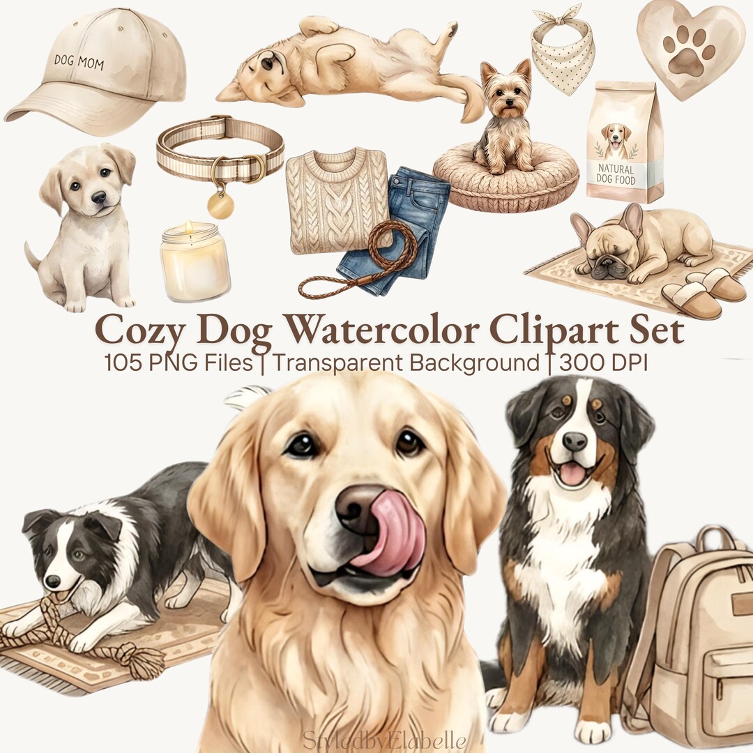 Cozy Dog Mom Watercolor Clipart Bundle 105 PNG Cute Dog Illustrations ...