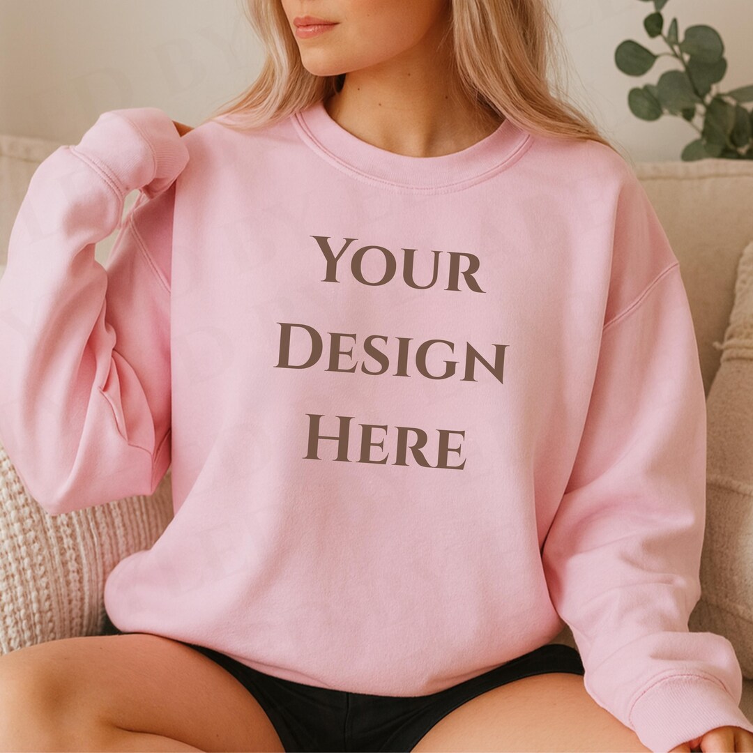 Cozy Gildan 18000 Light Pink Model Sweatshirt Mockup G180 Light Pink ...
