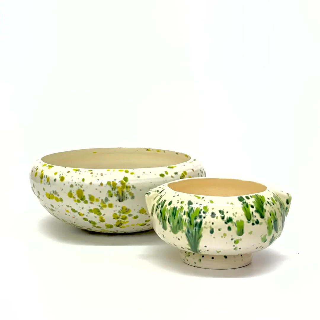 Green and White Ceramic Splatterware Planter Curation Group of 2 - Etsy