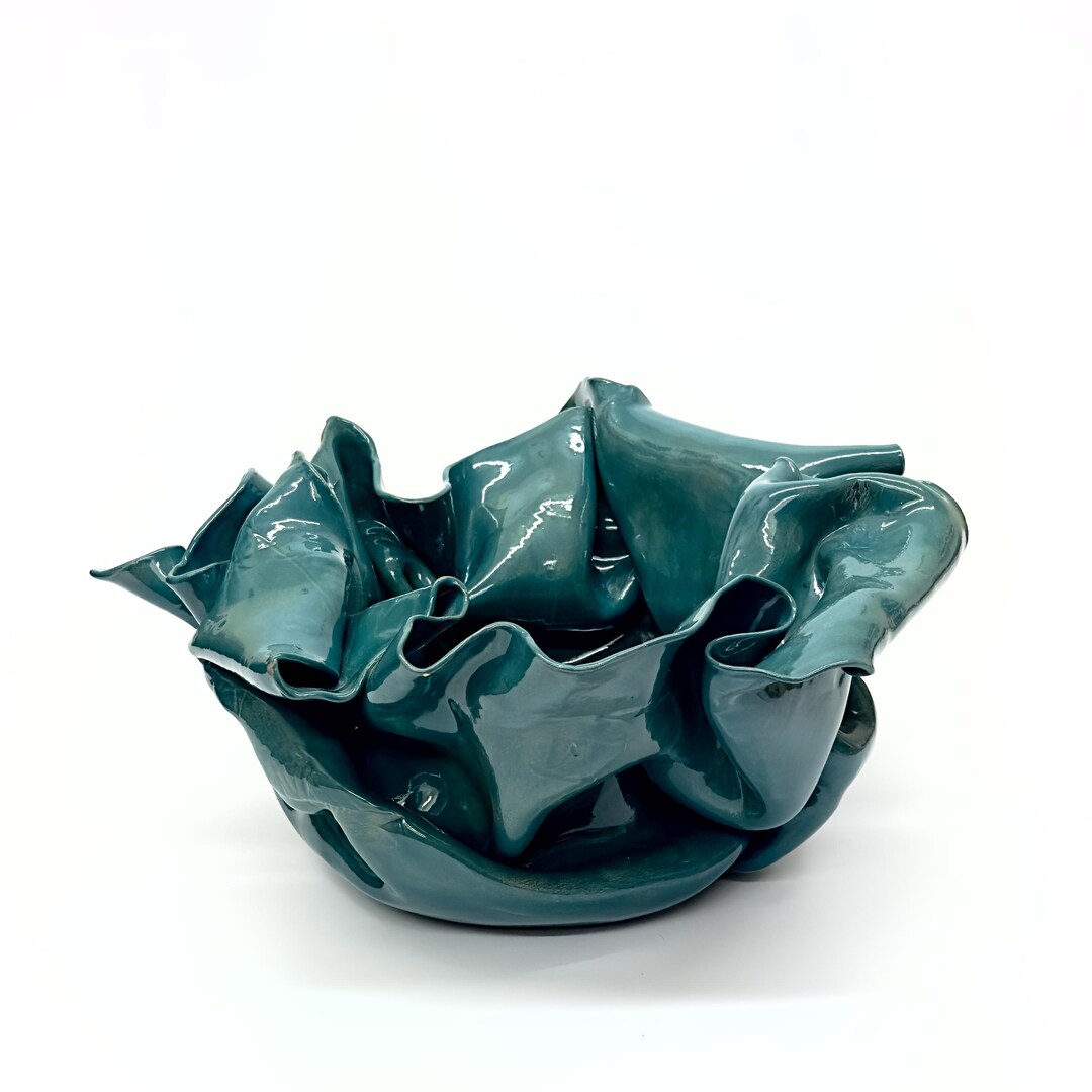 Dark Green Ceramic Crumpled Decorative Bowl Signed Barbara Wakefield - Etsy
