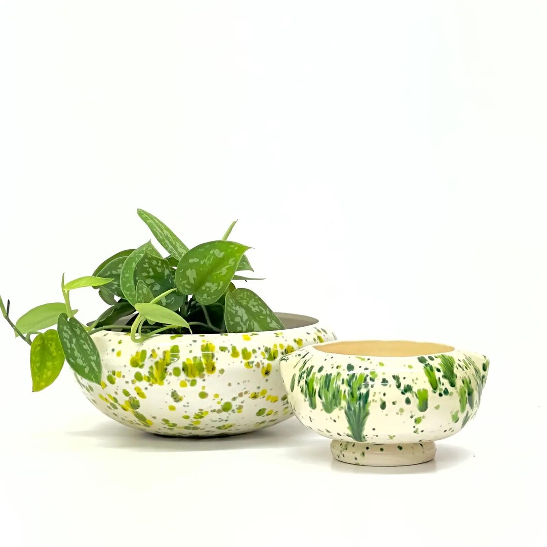 Green and White Ceramic Splatterware Planter Curation - Group of 2 - Etsy
