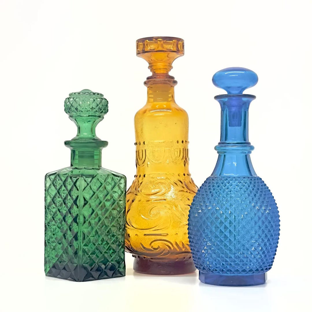 Vintage Saturated Multi-color Cut Glass Decanter Curation - Group of 3 ...