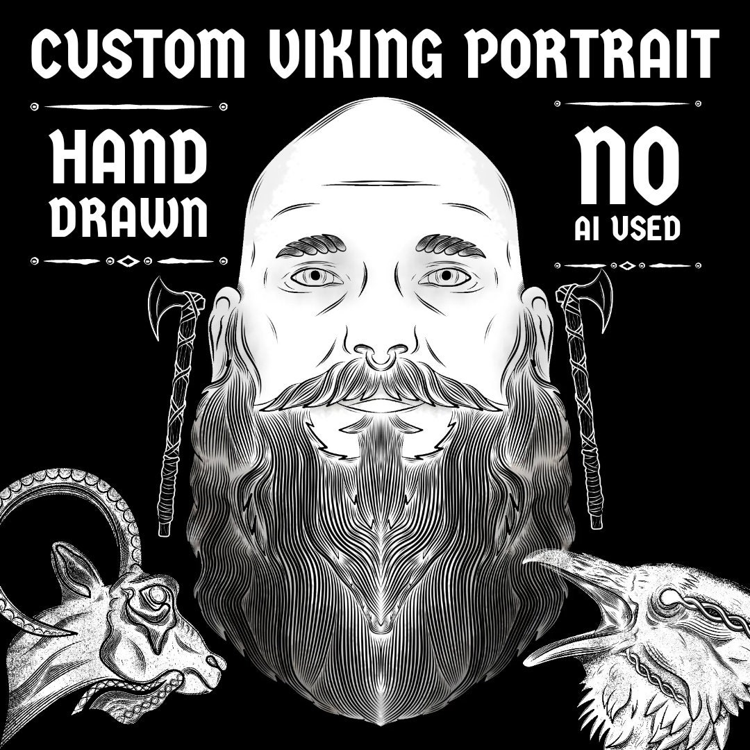 Custom Norse Viking Style Hand Drawn Portrait Digital Black and White ...