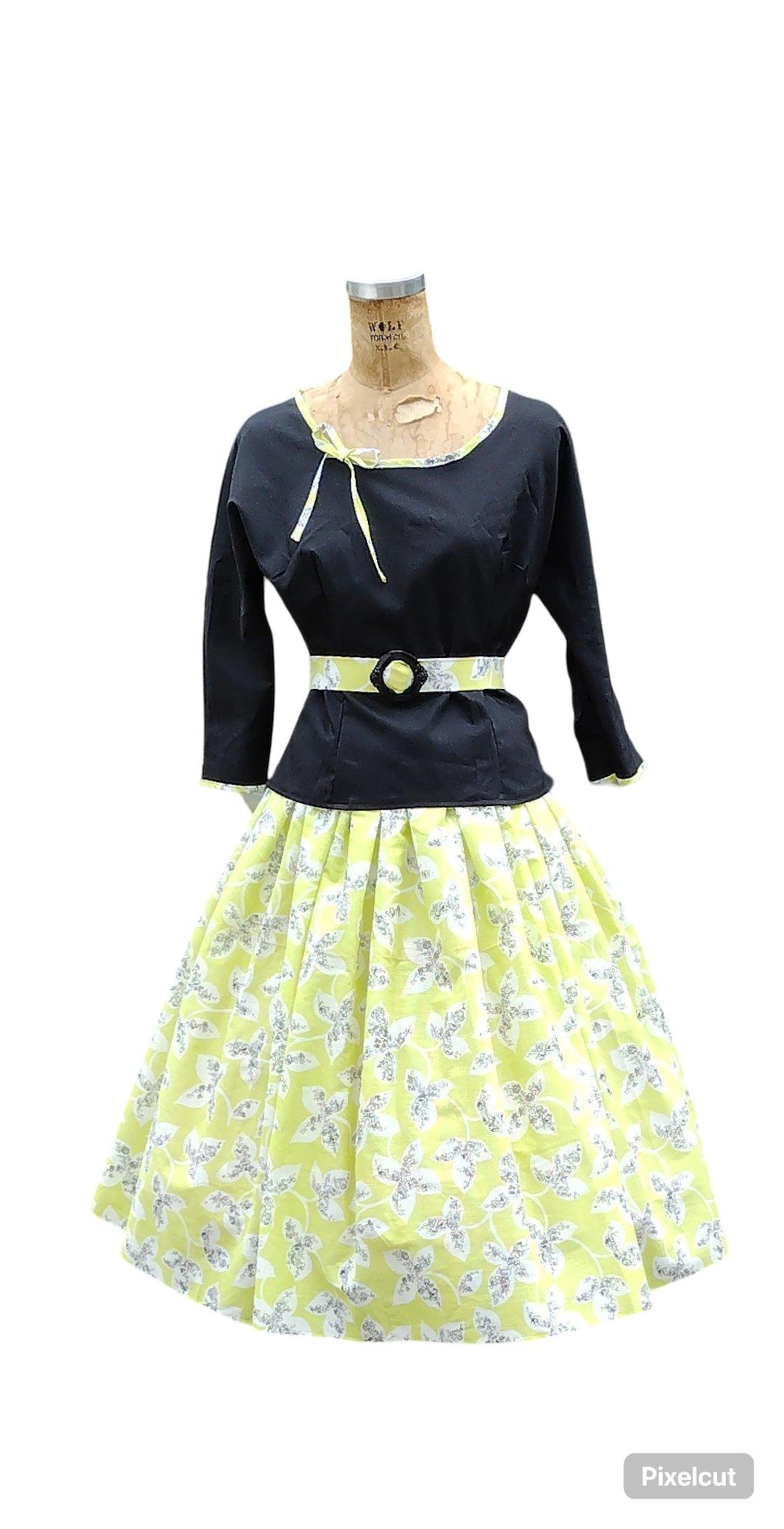 50s Style Floral Fit and Flare Skirt Set: Vintage Chartreuse & Black - Etsy