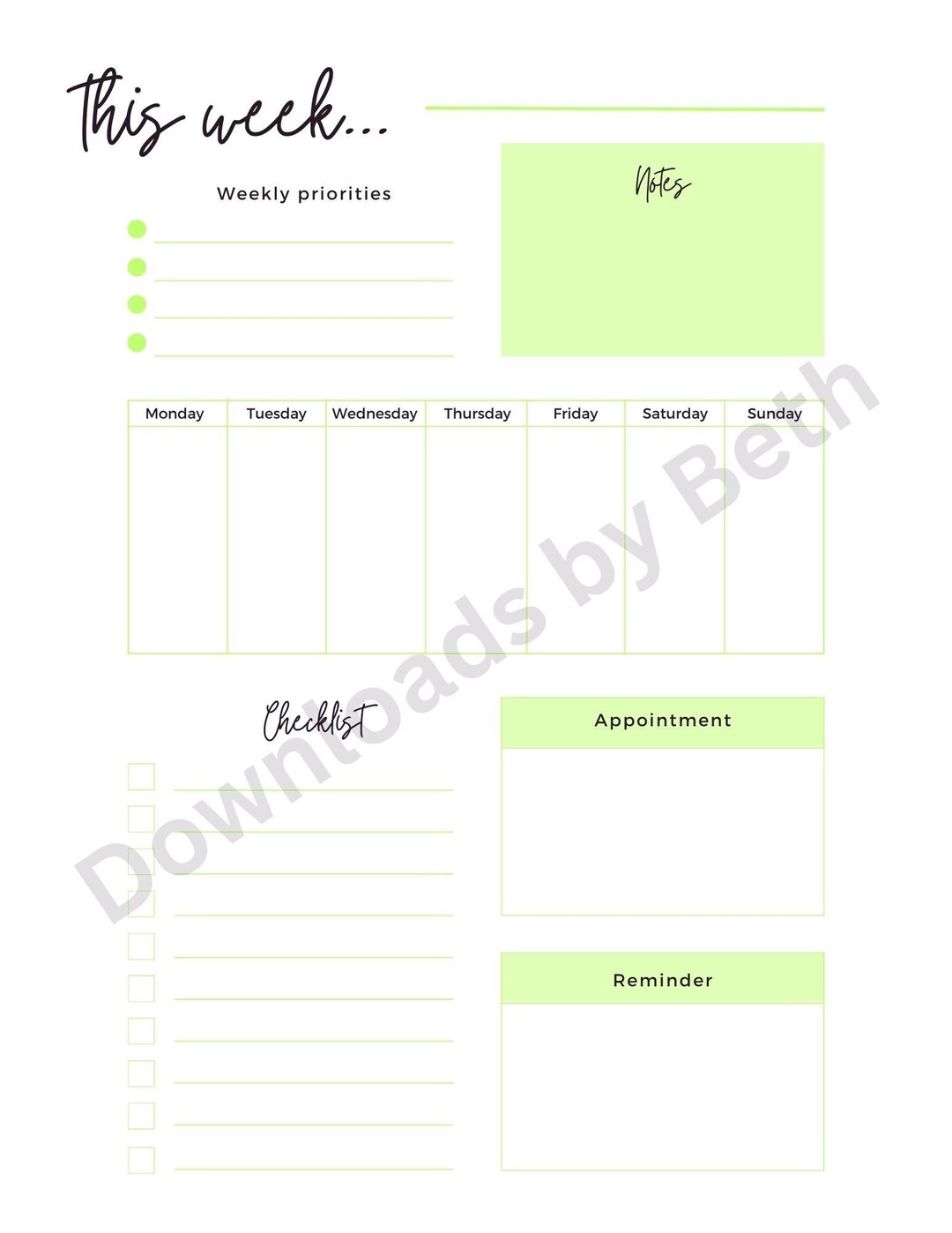Weekly Planner Printable - Green - Etsy