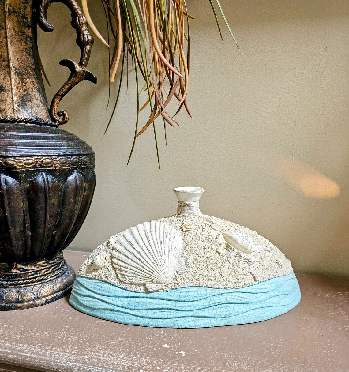 Shell Vase Vintage Coastal Decor White and Blue Resin Beach Home Flower ...