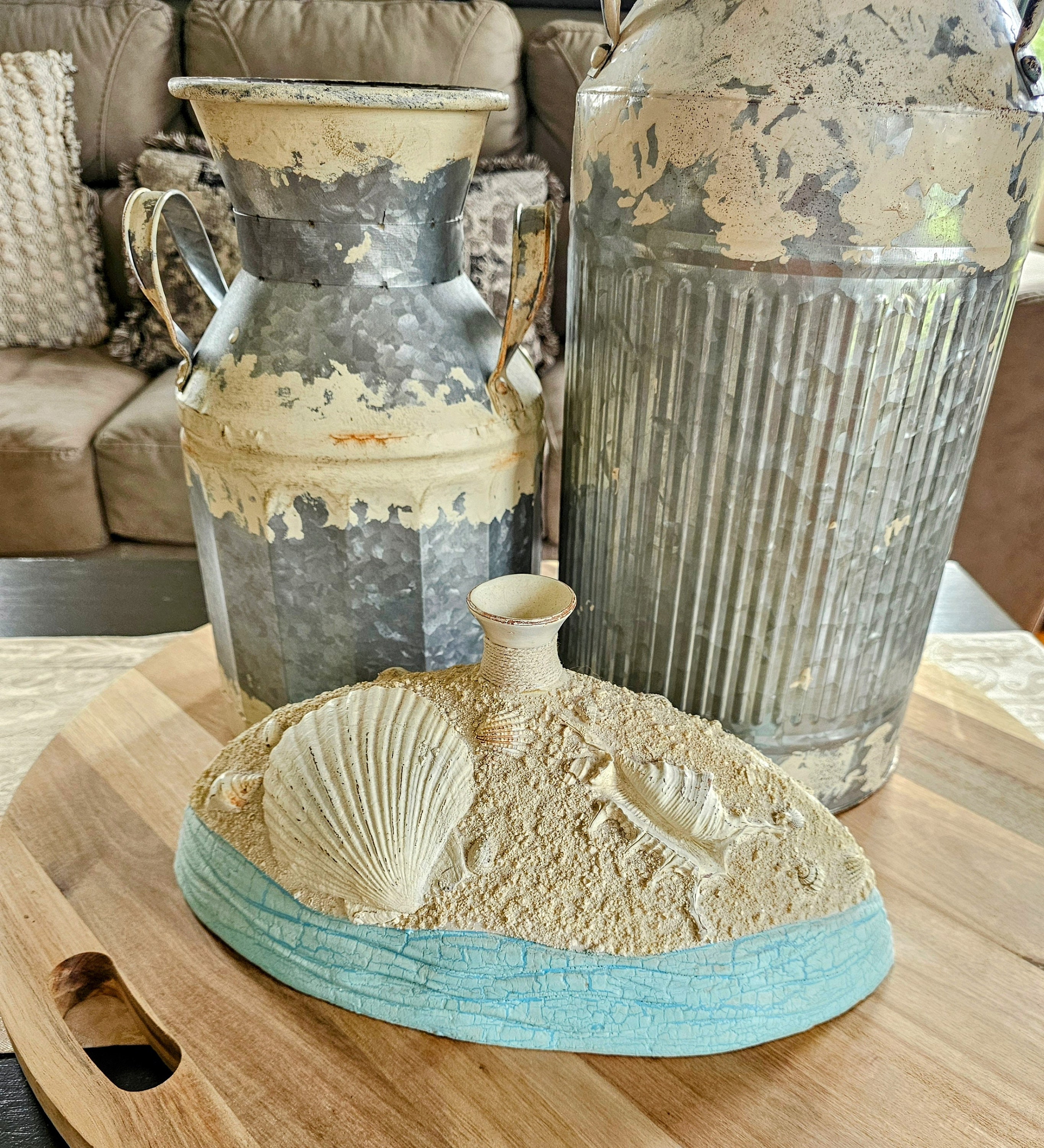 Shell Vase Vintage Coastal Decor White and Blue Resin Beach Home Flower ...