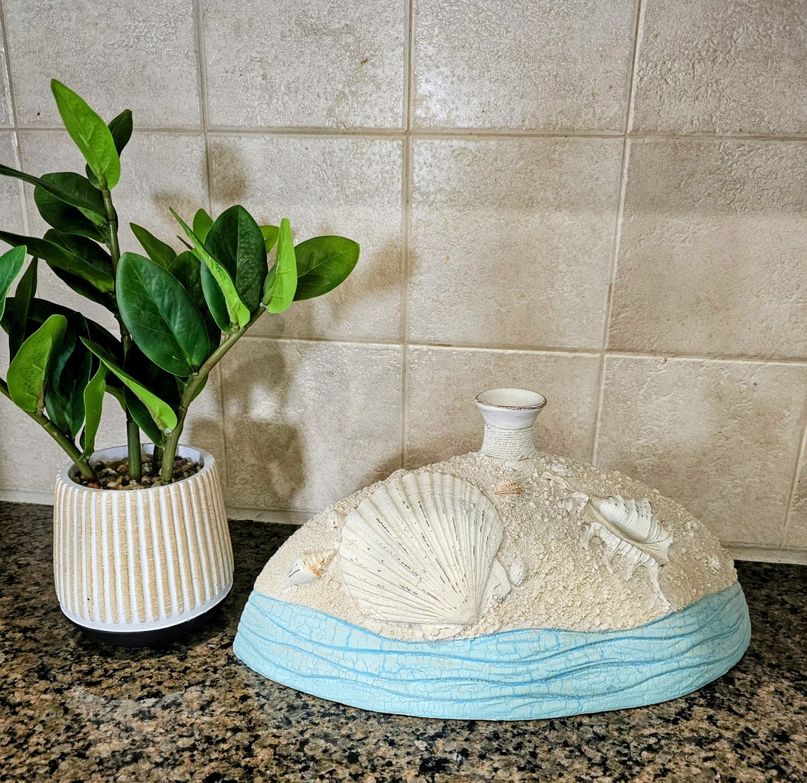 Shell Vase Vintage Coastal Decor White and Blue Resin Beach Home Flower ...