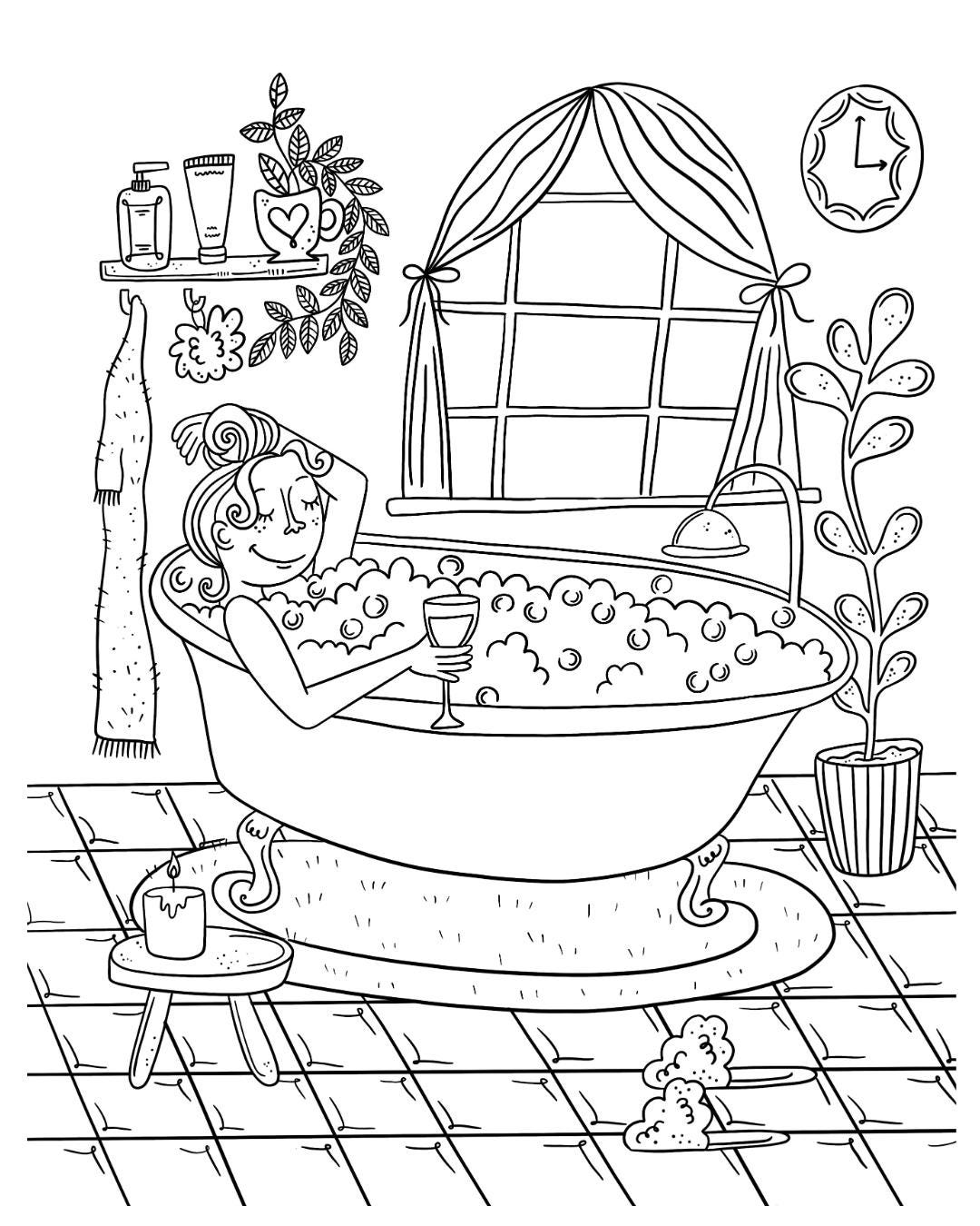 Bubble Bath Coloring Page Printable | Hand Drawn Self Care Scene | 8 ...