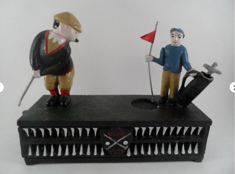 Vintage Cast Iron Mechanical Coin Operated Money Piggy Bank Birdie Putt ...