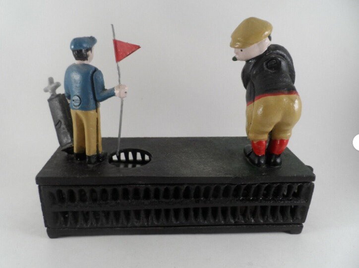 Vintage Cast Iron Mechanical Coin Operated Money Piggy Bank Birdie Putt ...