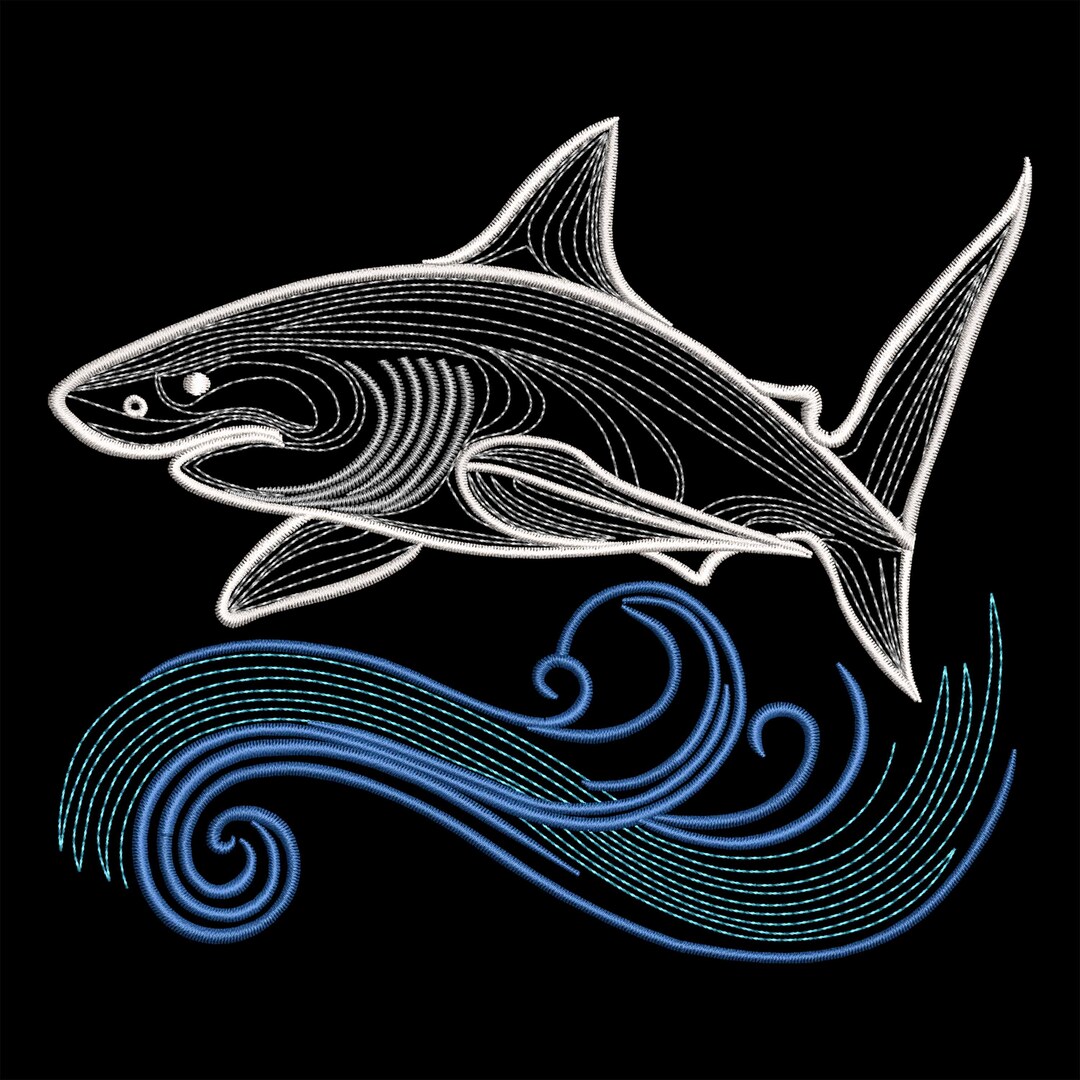 Shark Embroidery Design – Ocean Waves, Marine Wildlife Pattern ...