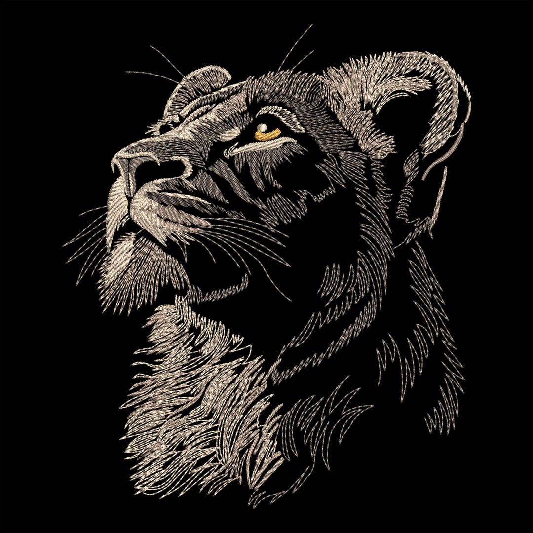 Lioness Embroidery Design – Majestic Wild Cat Pattern for Dark Textiles ...