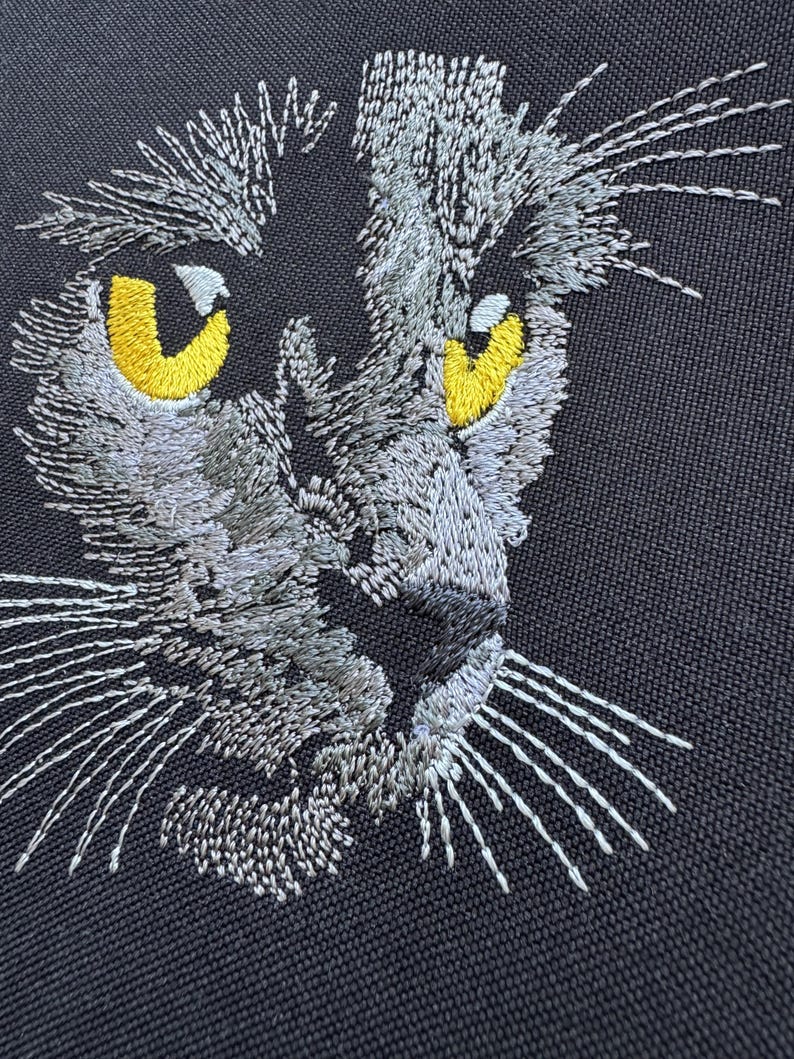 Realistic Black Cat Embroidery Design - Fierce Eyes Feline Art, Animal ...