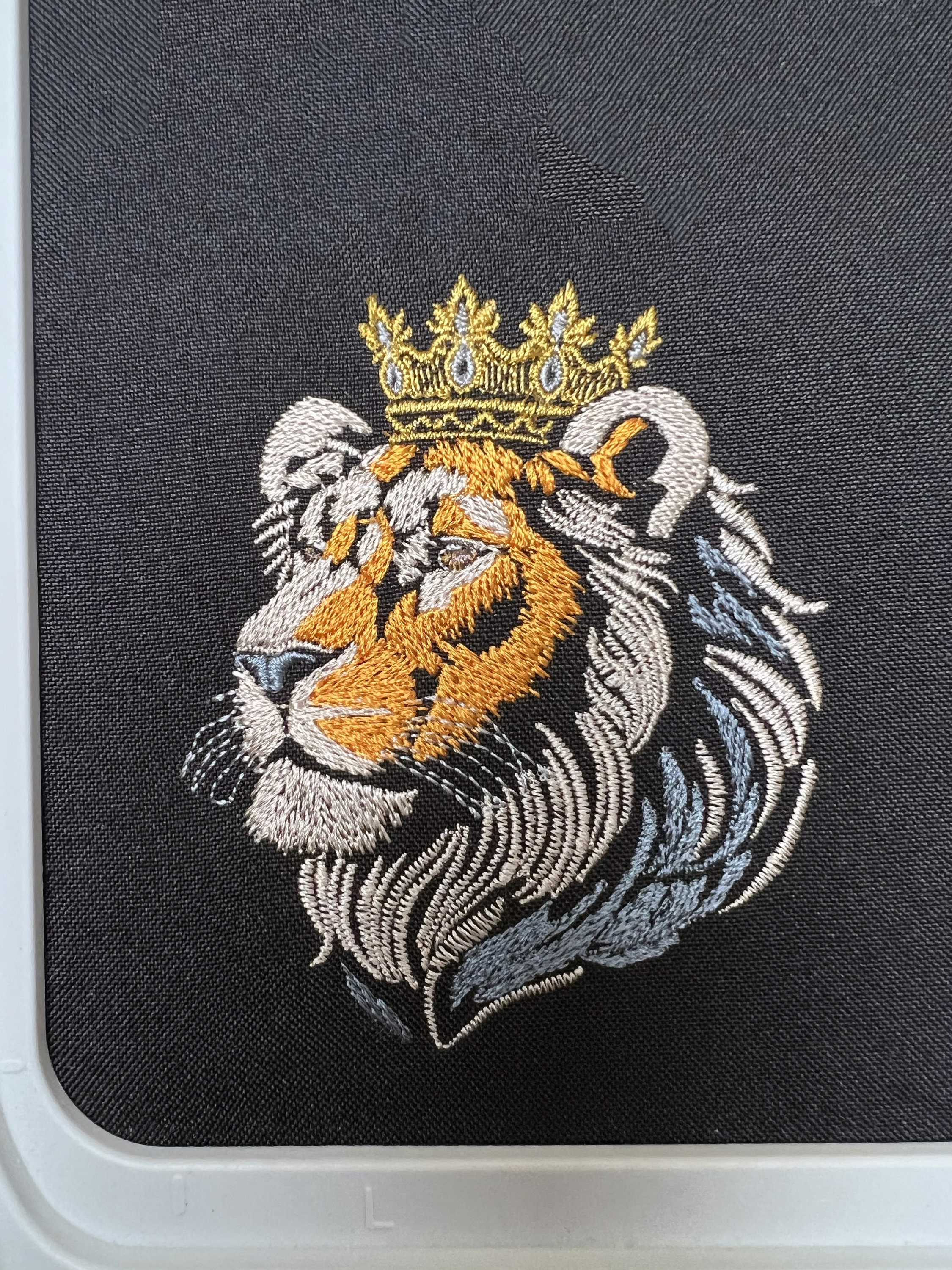 Crowned Lion Head Embroidery Design - Noble Jungle King for Dark ...