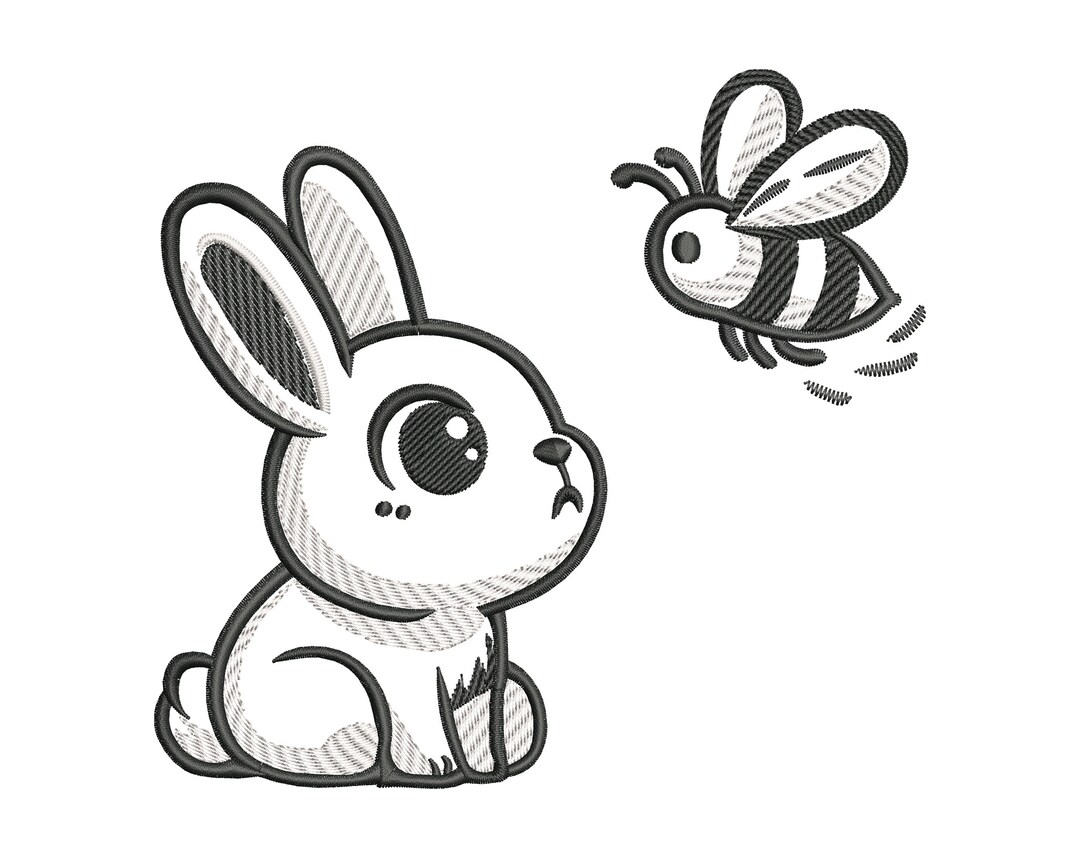Inquisitive Bunny & Bee Embroidery Design Minimalistic Line Art Cute ...