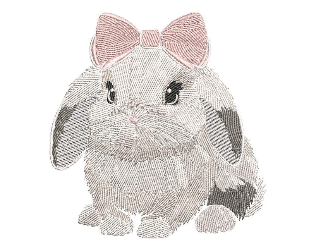 Adorable Bunny Pink Bow Embroidery Design - Realistic Fluffy Rabbit for ...
