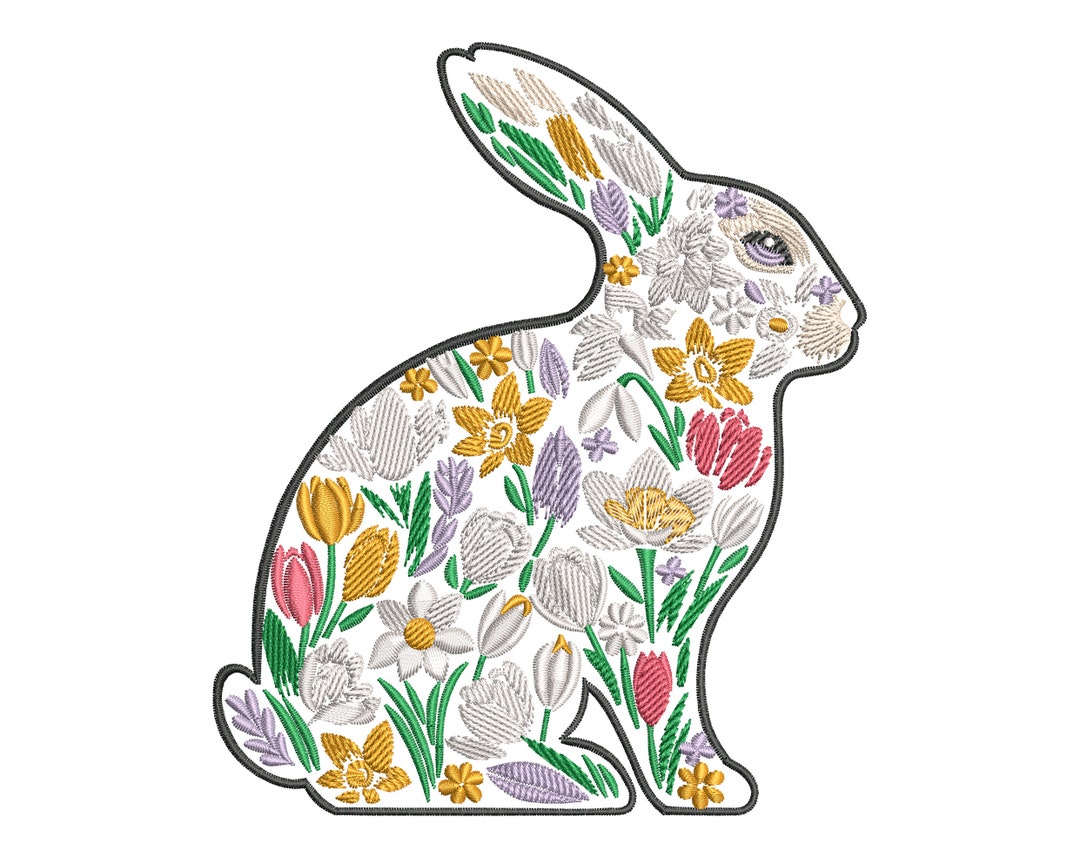 Floral Rabbit Embroidery Design - Cute Colorful Bunny Flowers Filled ...