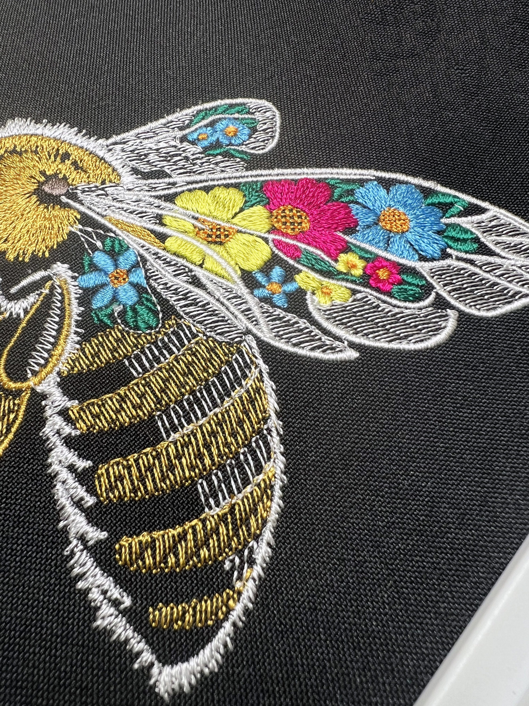 Floral Honeybee Embroidery Design - Realistic Bee for Dark Fabric ...