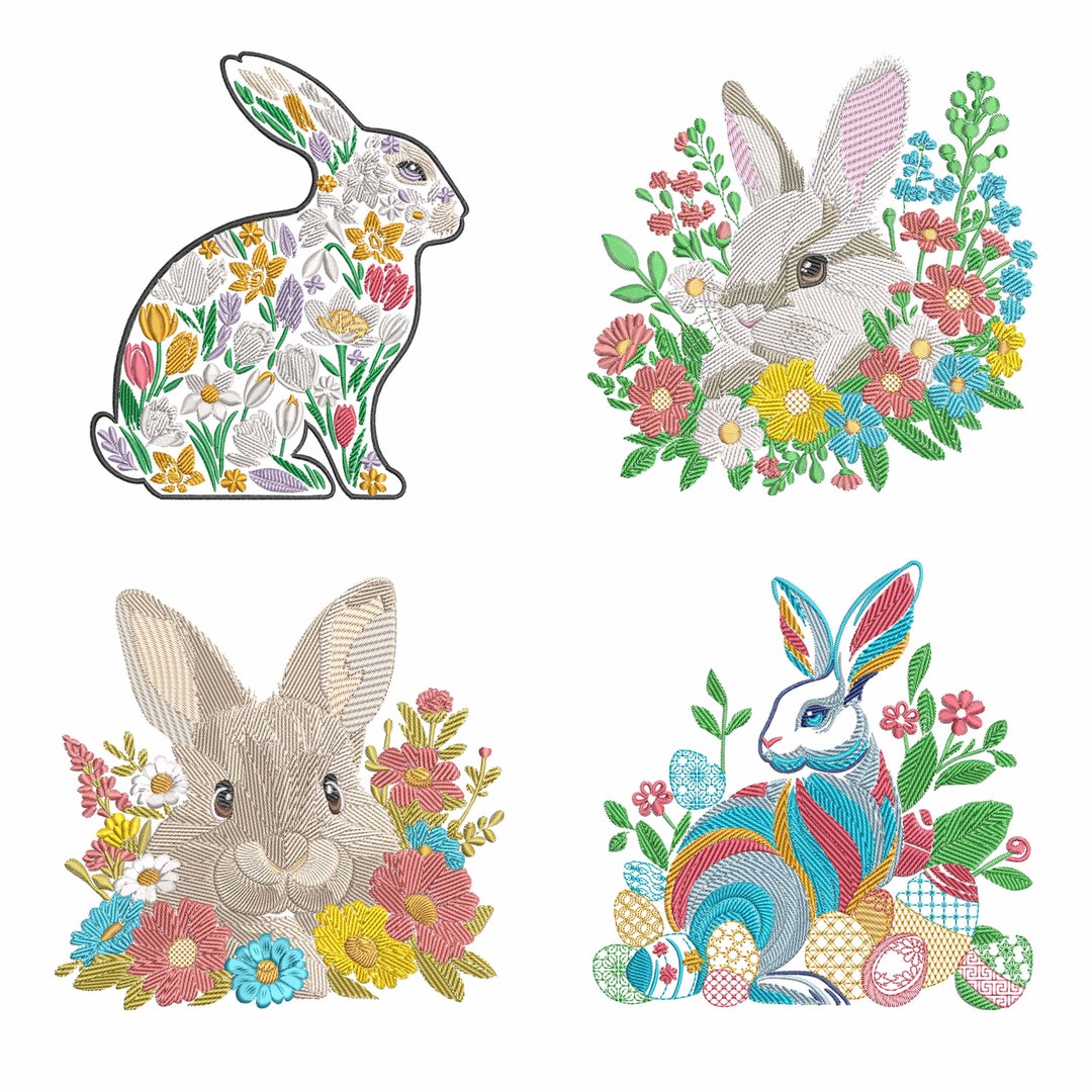 Floral Bunny Embroidery Design Bundle - Cute Colorful Rabbits, Spring ...