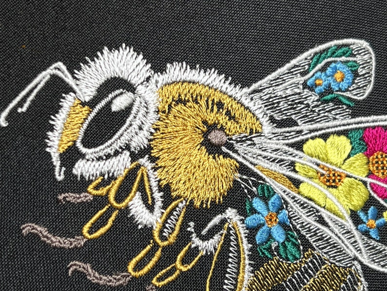 Floral Honeybee Embroidery Design - Realistic Bee for Dark Fabric ...