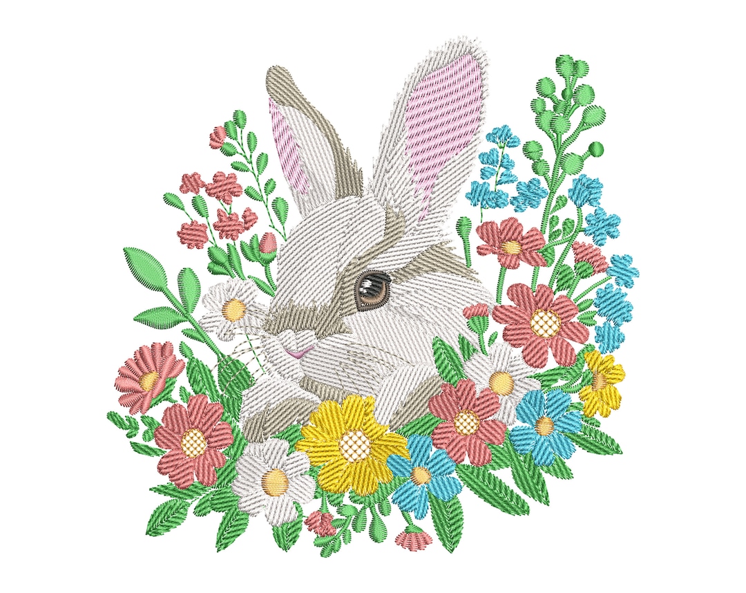 Springtime Bunny Embroidery Design - Cute Fluffy Rabbit Surrounded by ...