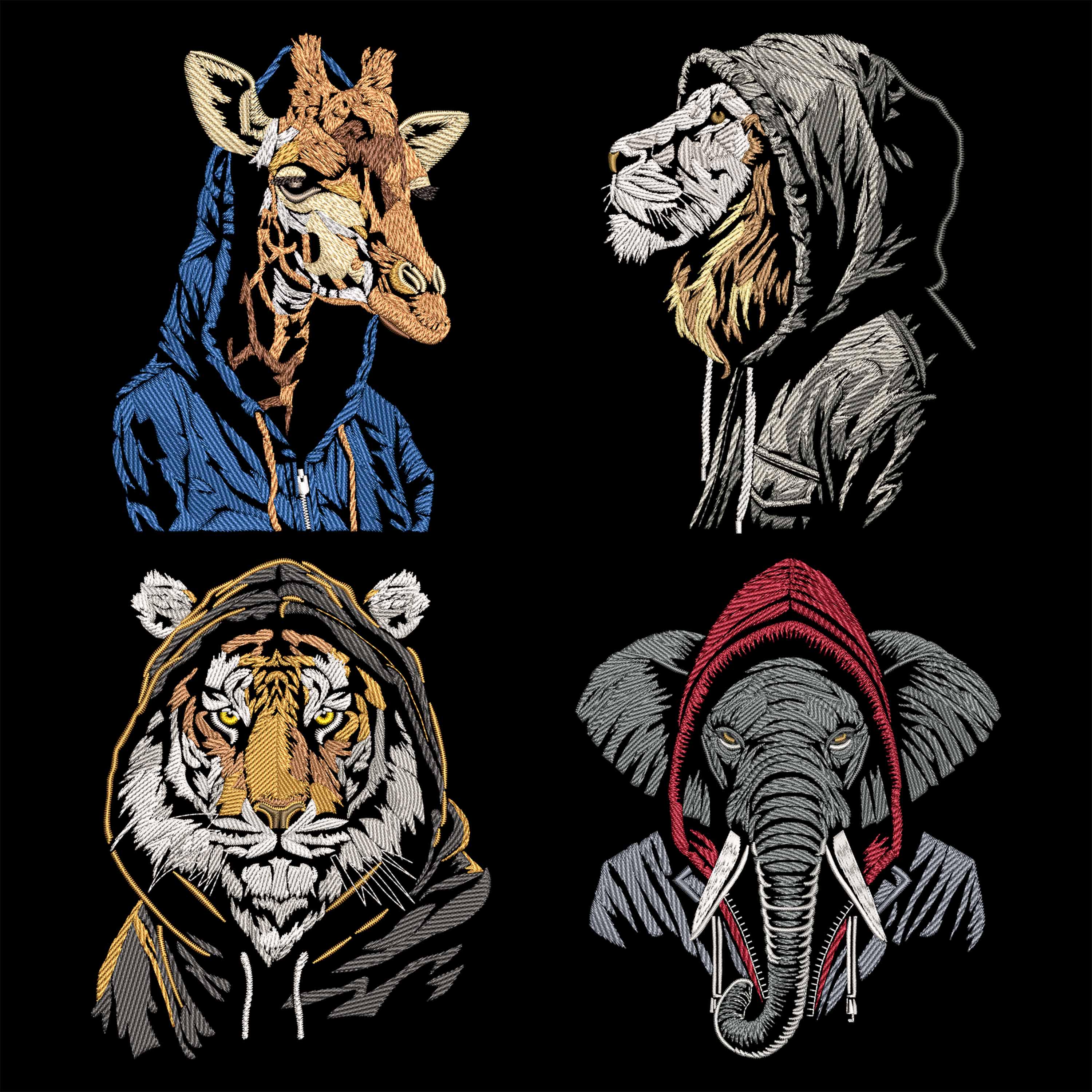 Urban Style Animal Hoodie Embroidery Design Bundle – Lion, Giraffe ...