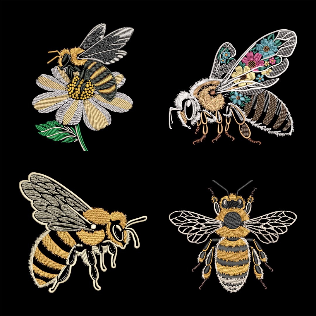 Floral Bee Embroidery Designs Collection - Golden Honeybee for Dark ...