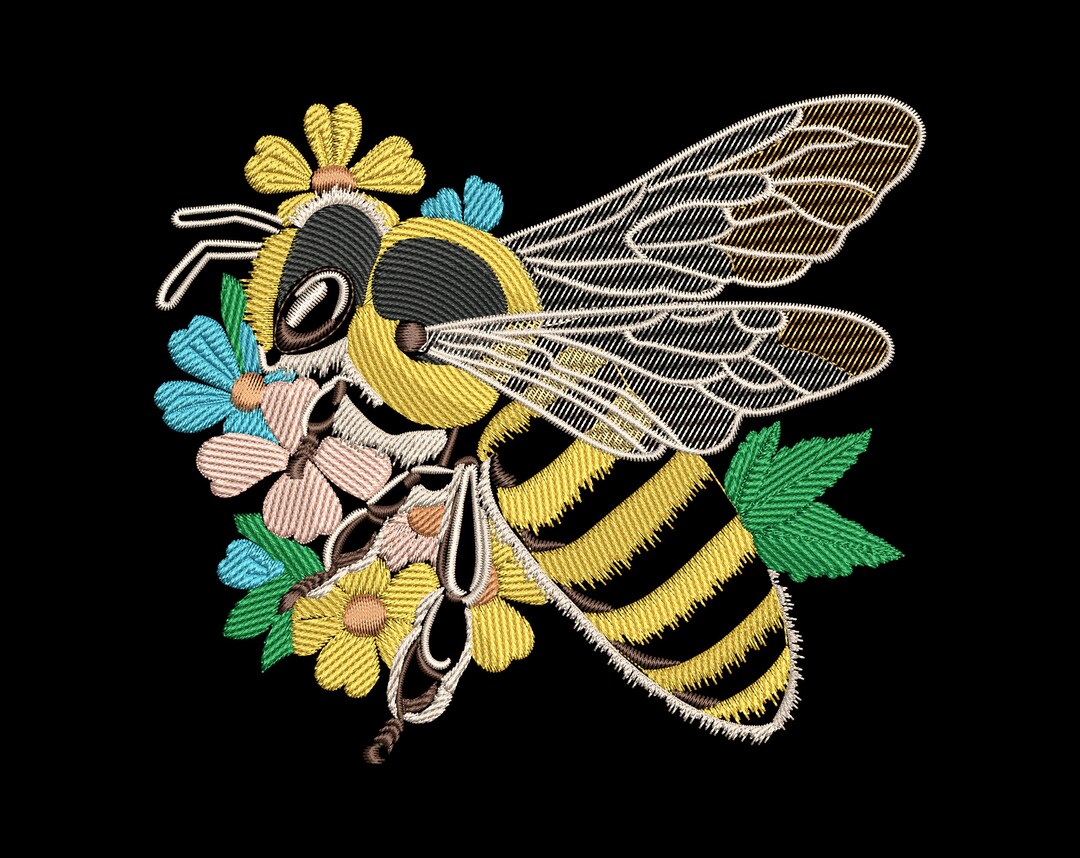 Vibrant Bee Embroidery Design - Floral Honeybee for Dark Fabric ...