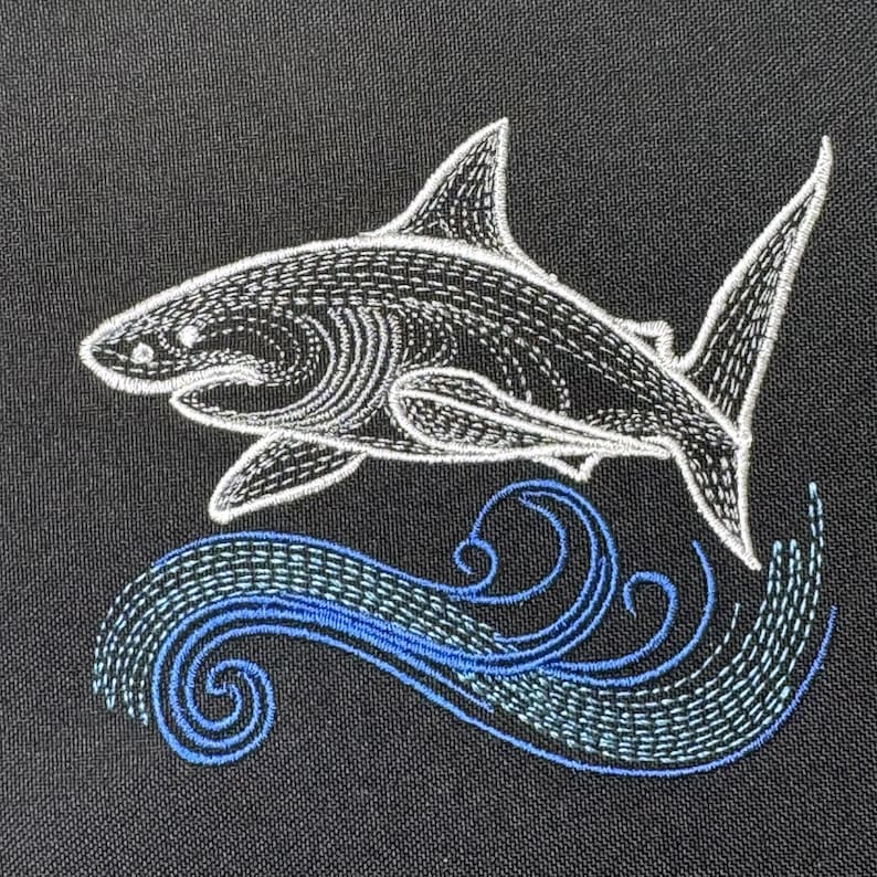 Shark Embroidery Design – Ocean Waves, Marine Wildlife Pattern ...